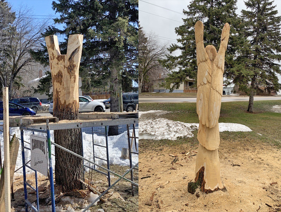 Wind-damaged tree turns into an angel by the hands of a local wood ...