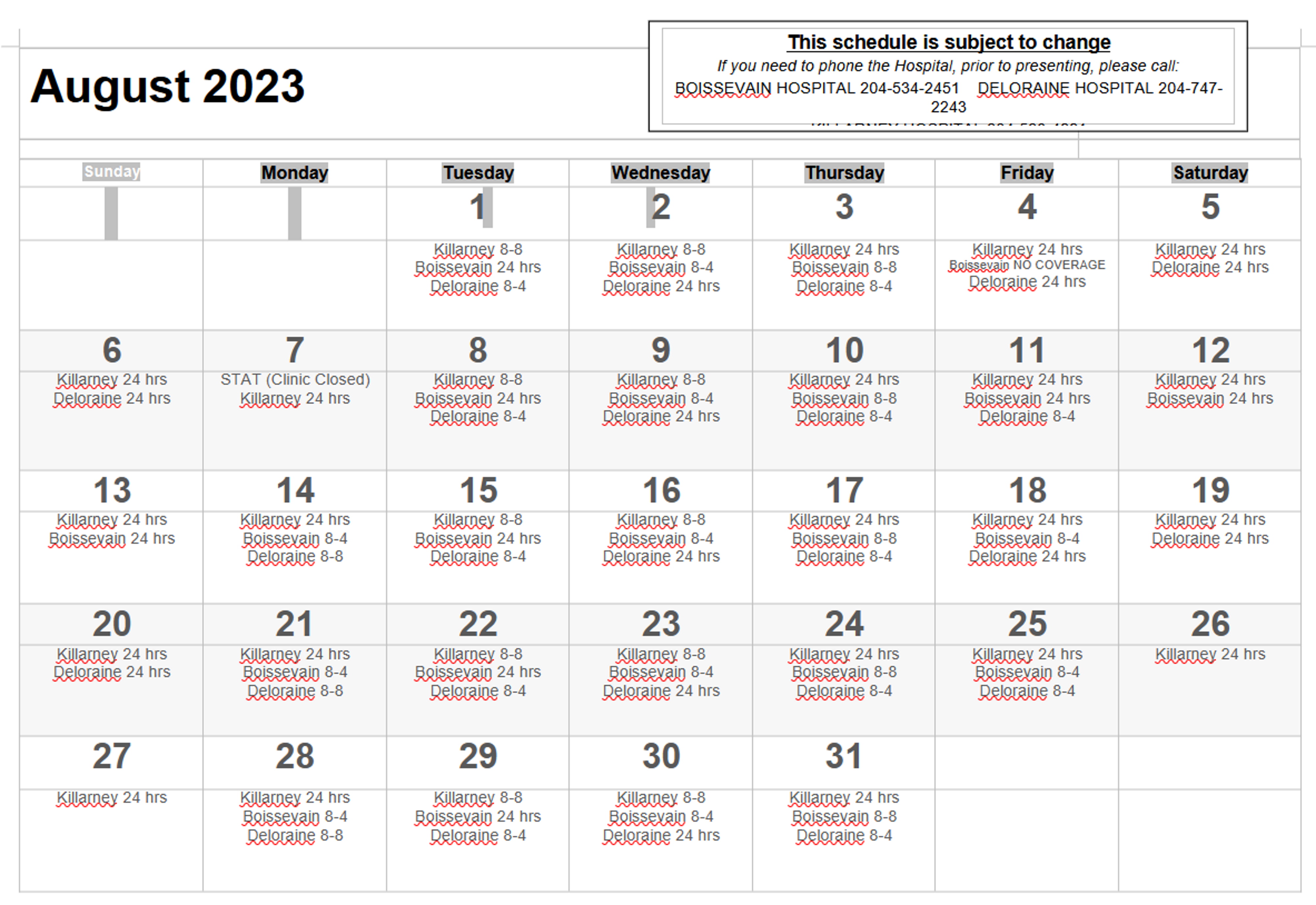 Boissevain-Deloraine-Killarney Hospital Schedule for August ...