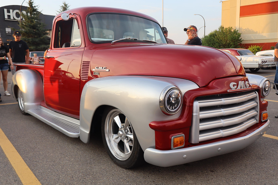 Under the Hood of this low riding raspberry and silver '55 GMC ...