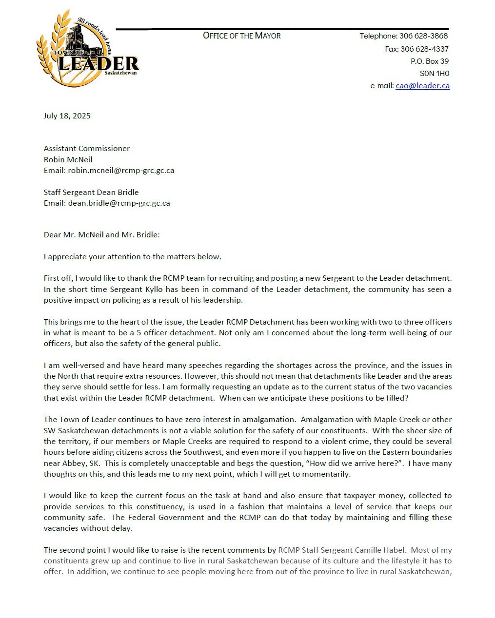 Leader mayor airs concerns about RCMP - SwiftCurrentOnline.com - Local ...