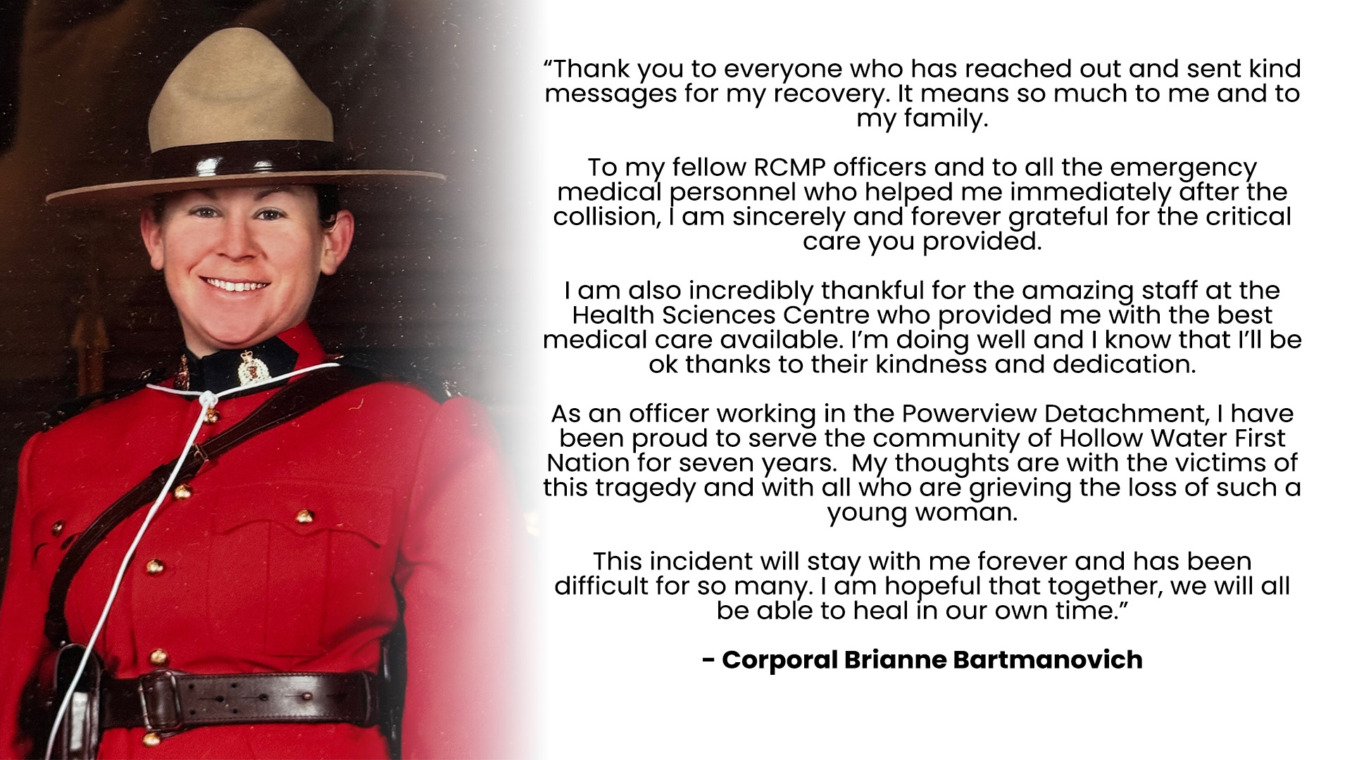RCMP officer injured in Hollow Water crash shares statement of ...
